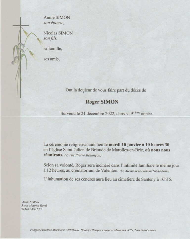 Décès de Monsieur Roger SIMON – Le Domaine de Santeny